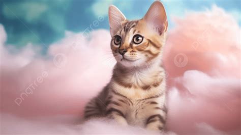 분홍색 배경에 구름 위에 앉아 있는 벵골 새끼 고양이 벵골 고양이 핑크 모피 솜사탕 구름 배경 일러스트 및 사진 무료 다운로드 Pngtree