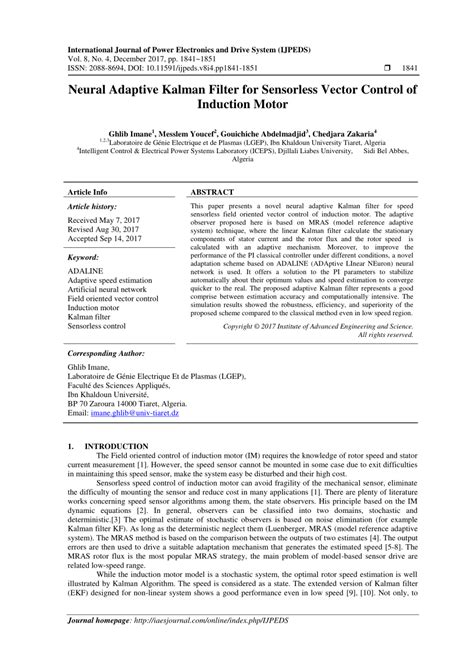 pdf neural adaptive kalman filter for sensorless vector control of