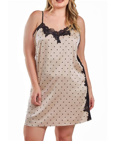 Icollection Kareen Dotted Plus Size Satin Chemise Adorned In Front And
