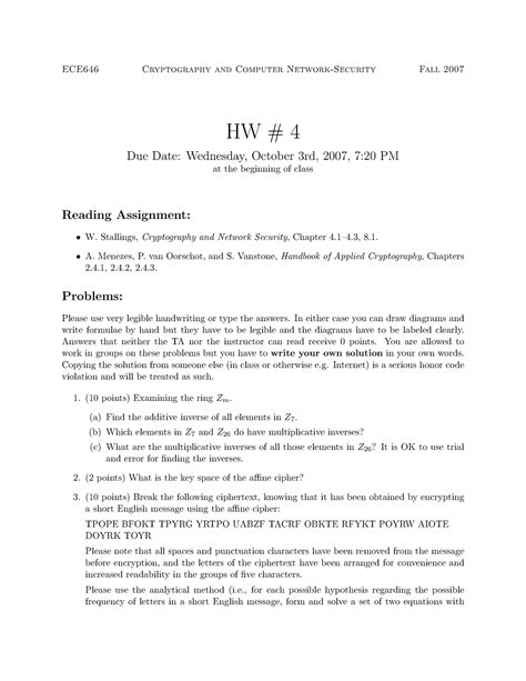 Seminar Assignments Homework 4 Ece646 Cryptography And Computer Fall 2007 Hw 4 Due Date