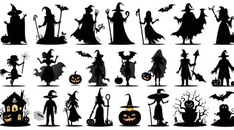 Siluetas De Halloween Conjunto De íconos Negros Personajes Aislados En