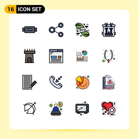 Flat Color Filled Line Pack Of 16 Universal Symbols Of Hobby Bag Social Back Pack Leaf Editable