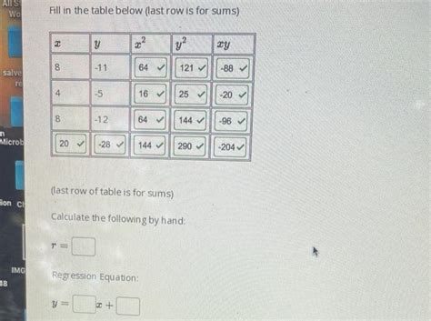 Solved Fill In The Table Below Last Row Is For Sums Last