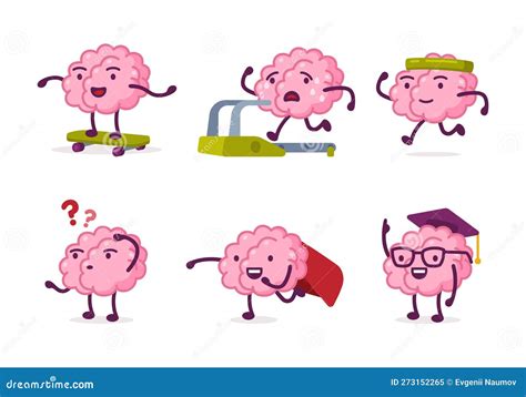Cute Funny Brain Characters Set Human Brain Nervous System Organ