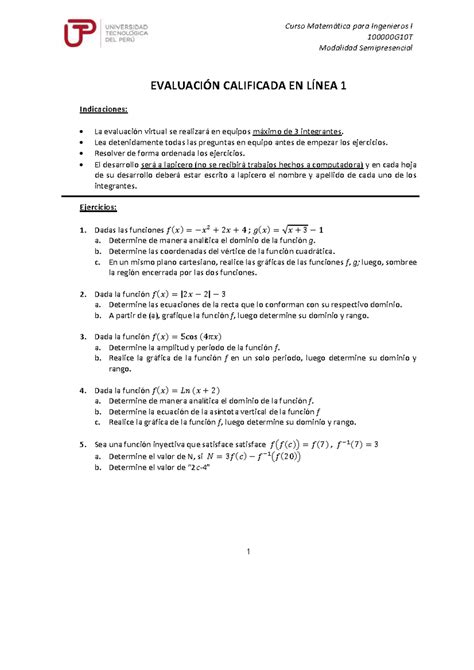 Matemática para ingenieros Evaluación Calificada en Línea Curso Matemática para