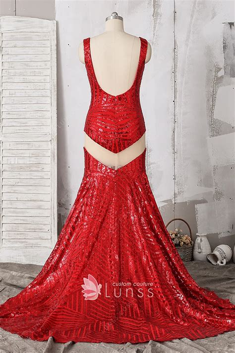 Red Striped Sequin V Neck Sheer Mermaid Long Prom Dress Lunss