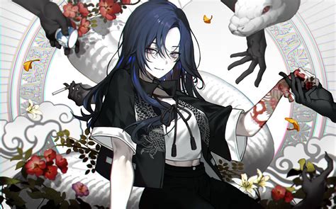 Lentain Original Animal Blue Hair Breasts Buttons Cigarette