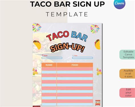 Taco Bar Sign Up Sheet Printable For Mexican Fiesta Potluck Party