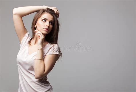 Sensual Portrait Of Beautiful Brunette Woman Posing In Studio Stock