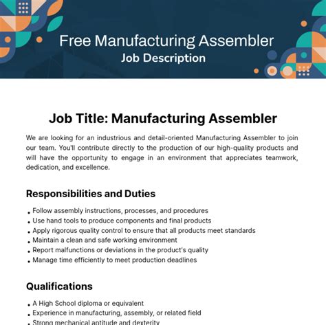 Free Manufacturing Assembler Job Description Template To Edit Online
