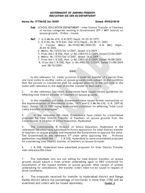 Spouse Transfer Memo Dt 09022010 Ap Education Se Seriii Dept Spouse