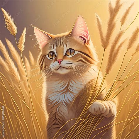 강아지풀을 가지고 노는 귀여운 고양이 Stock Illustration Adobe Stock