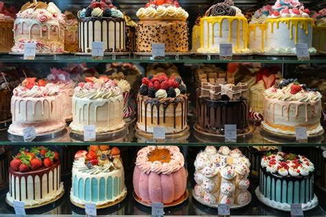 A Display Case Filled With Lots Of Different Types Of Cakes Premium