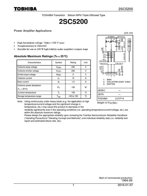 2sc5200 Datasheet En Pdf Bipolar Junction Transistor Reliability