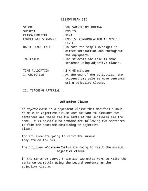 Doc Lesson Plan Adjective Clause Dokumen Tips