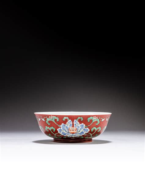 A Coral Ground Famille Verte ‘peony Bowl Yuzhi Mark And Period Of