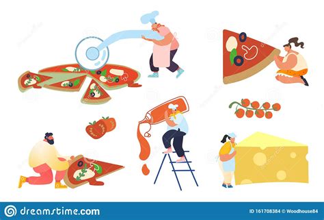 Set Of People Baking And Eating Huge Pizza Male And Female Characters