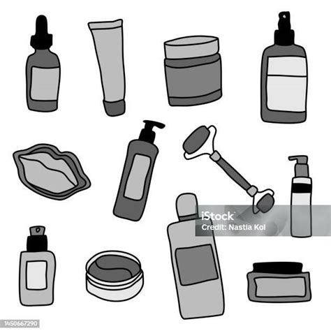 흑백 병 항아리 및 스킨 케어 제품이 있는 튜브 세트 흰색에 격리된 벡터 평면 그림 스케치 낙서 모형 유기농 크루얼티 프리 비건