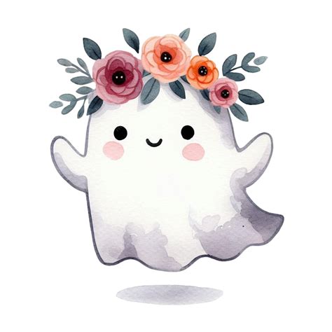 Cute Ghost Wearing A Flower Crown Clipart Watercolor Premium Ai