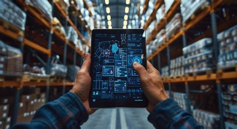 Warehouse Worker Using Tablet With Data Visualization In Modern Distribution Center Premium Ai