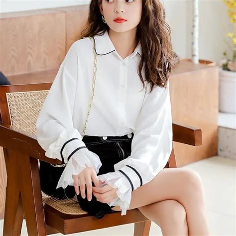 여성 봄가을 스타일 쉬폰 블라우스 셔츠 레이디 캐주얼 긴 소매 턴 다운 칼라 흰색 루즈한 블라우스 상의 Df3091