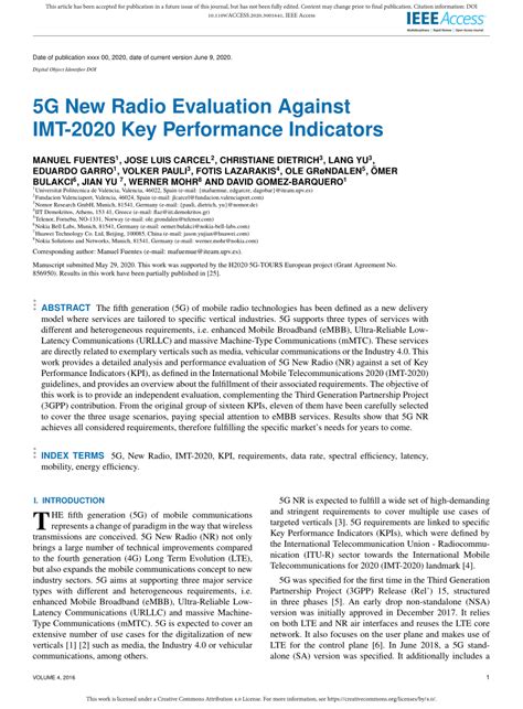 Pdf 5g New Radio Evaluation Against Imt 2020 Key Performance Indicators
