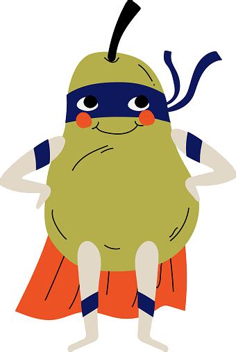 마스크와 케이프 의상 벡터 일러스트레이트에서 재미있는 과일 만화 캐릭터에 귀여운 슈퍼 히어로 배 과일에 대한 스톡 벡터 아트 및 기타 이미지 Istock