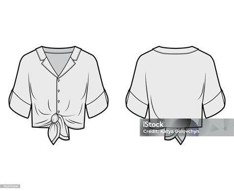 타이 프론트 블라우스 테크니컬 패션 일러스트러 라펠 노치 칼라 넥 롤 커프스 팔꿈치 슬리브 0명에 대한 스톡 벡터 아트 및 기타 이미지 Istock