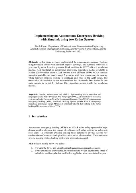 Pdf Implementing An Autonomous Emergency Braking With Simulink Using