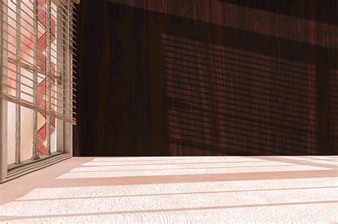 셔터 창이 있는 마호가니 벽의 빈 내부 배경과 밝은 어두운 반사가 있는 콘크리트 바닥 3차원 형태에 대한 스톡 사진 및 기타