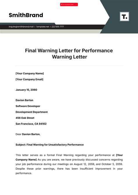 Free Final Warning Letter For Performance Warning Letter Template To