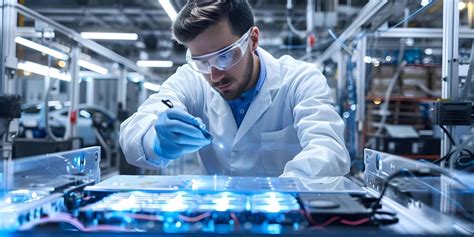 Engineer Testing Car Battery Module In Lab Concept Automotive