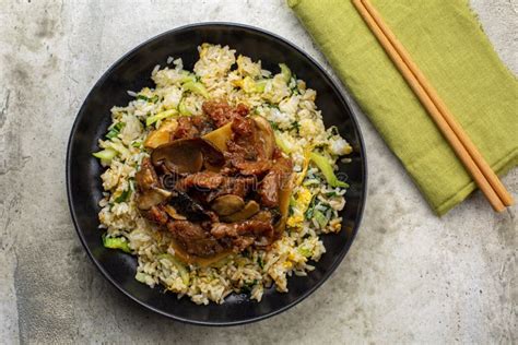 Top View Of Stir Fry Beef With Shiitake Mushrooms Bamboo Stock Image