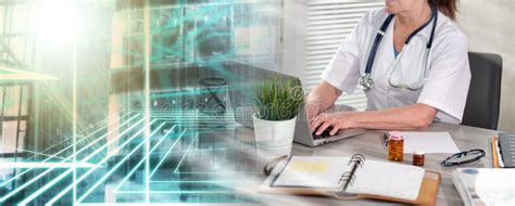 Female Doctor Using Laptop Multiple Exposure Stock Image Image Of