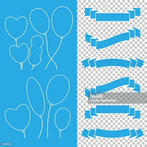 배너와 풍선의 모노 테이프 세트입니다 텍스트 에 대한 공백이 있습니다 투명 한 배경에 격리 된 간단한 플랫 벡터 그림입니다 인포 그래픽 디자인 광고 휴일 라벨에 적합합니다