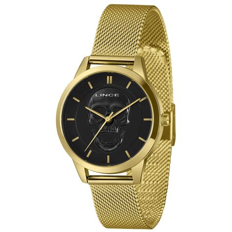 Relógio Lince Feminino Ref Lrg4809l36 P1kx Caveira Mesh Dourado Dourado
