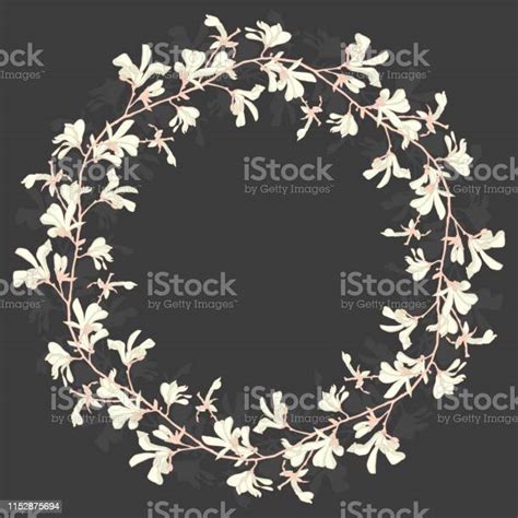 목련 나무 꽃과 흑백으로 꽃 프레임 지점과 목련 꽃과 어두운 배경입니다 꽃 요소와 봄 화 환 디자인 손으로 그린 식물 그림입니다 0명에 대한 스톡 벡터 아트 및 기타 이미지