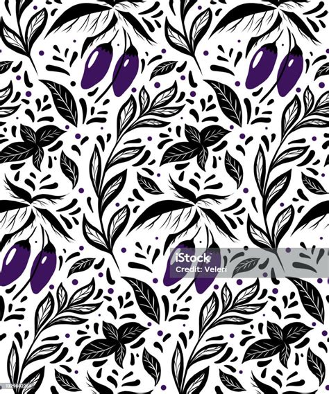 덤불에 가지 바질 나뭇 가지와 흰색 배경에 낙서 장식과 원활한 흑백 패턴 벡터 천연 텍스처 원예 배경 화면 및 직물 0명에 대한 스톡 벡터 아트 및 기타 이미지 Istock
