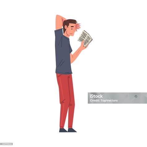 남자 독서 책 동안 서 학생 캐릭터 공부 또는 시험을 준비 책 연인 문학 팬 만화 스타일 벡터 일러스트 교육에 대한 스톡 벡터