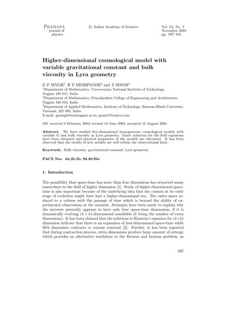 Pdf Higher Dimensional Cosmological Model With Variable Gravitational