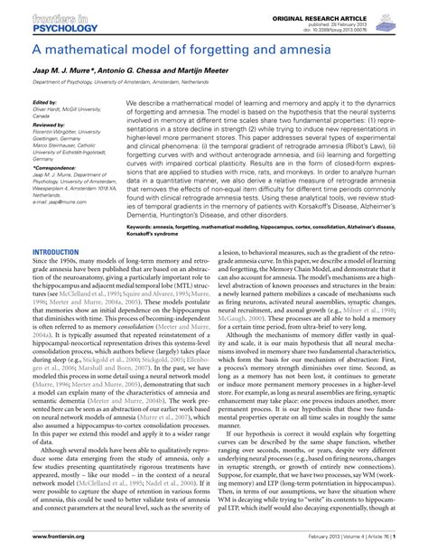 Pdf A Mathematical Model Of Forgetting And Amnesia