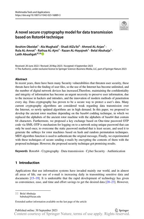 A Novel Secure Cryptography Model For Data Transmission Based On Rotor64 Technique Request Pdf