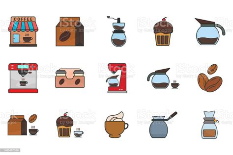 커피 요소 세트 아이콘 그림입니다 선형 색상 아이콘 스타일 플랫 라인 커피 머신 커피 숍 커피 포트 그라인더 커피 원두 에스프레소 크림 등 간단한 벡터 디자인 편집 가능 0