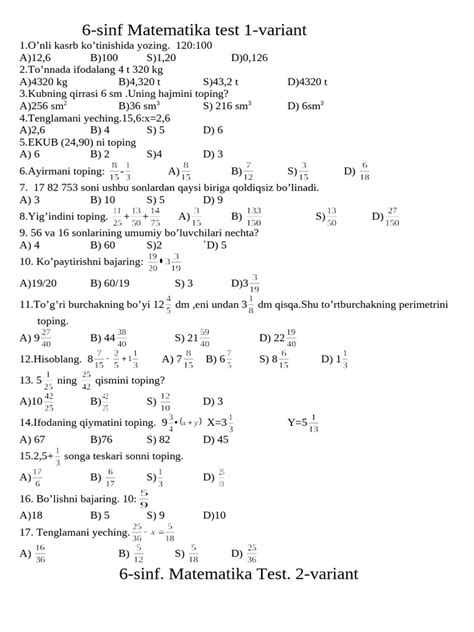 6 Sinf Matematika Test Pdf