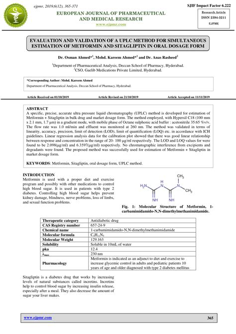 Pdf Evaluation And Validation Of A Uplc Method For Simultaneous Estimation Of Metformin And