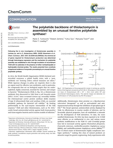 Pdf The Polyketide Backbone Of Thiolactomycin Is Assembled By An Unusual Iterative Polyketide