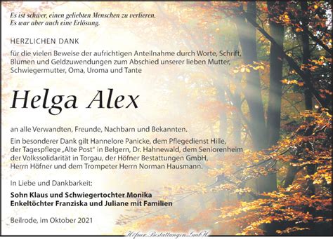 Traueranzeigen Von Helga Alex Trauer Anzeigende
