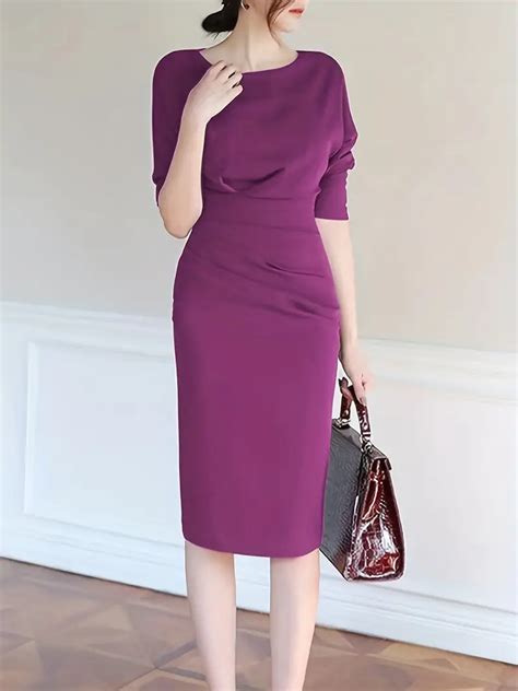 Solid Lantern Sleeve Split Dress Elegant Boat Neck Midi Temu Australia