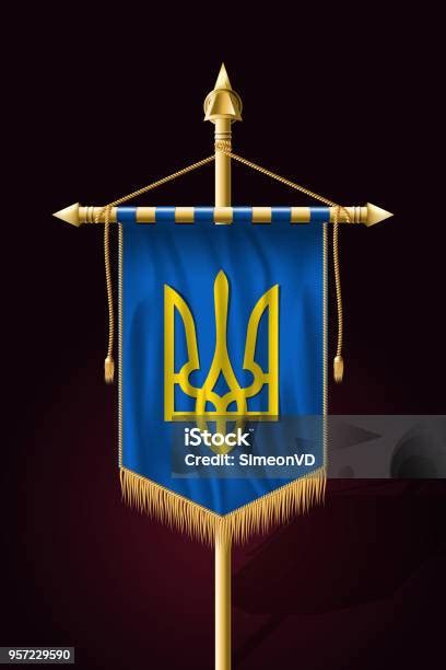 Tryzub입니다 트라이던트입니다 우크라이나의 국가 기호 축제 수직 배너입니다 금 술 언저리와 벽 걸이 우크라이나에 대한 스톡 벡터 아트 및 기타 이미지 Istock