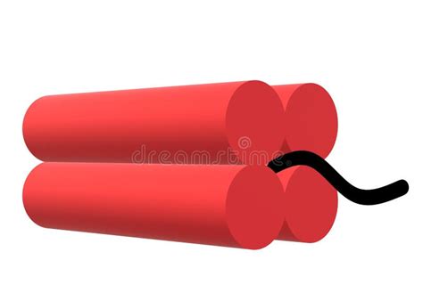A Single 4 Piece Bright Red Firecracker Dynamite With Black Fuse String White Backdrop Stock